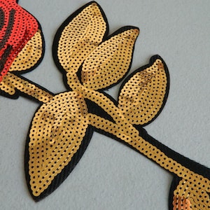 Huge Red & Gold Shiny Sequin Rose Embroidery Patch - Romantic Floral ...
