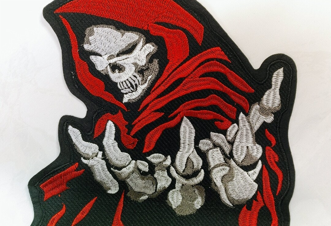 BIG Red Grim Reaper Beckoning Iron on Embroidered Patch - Large Death ...