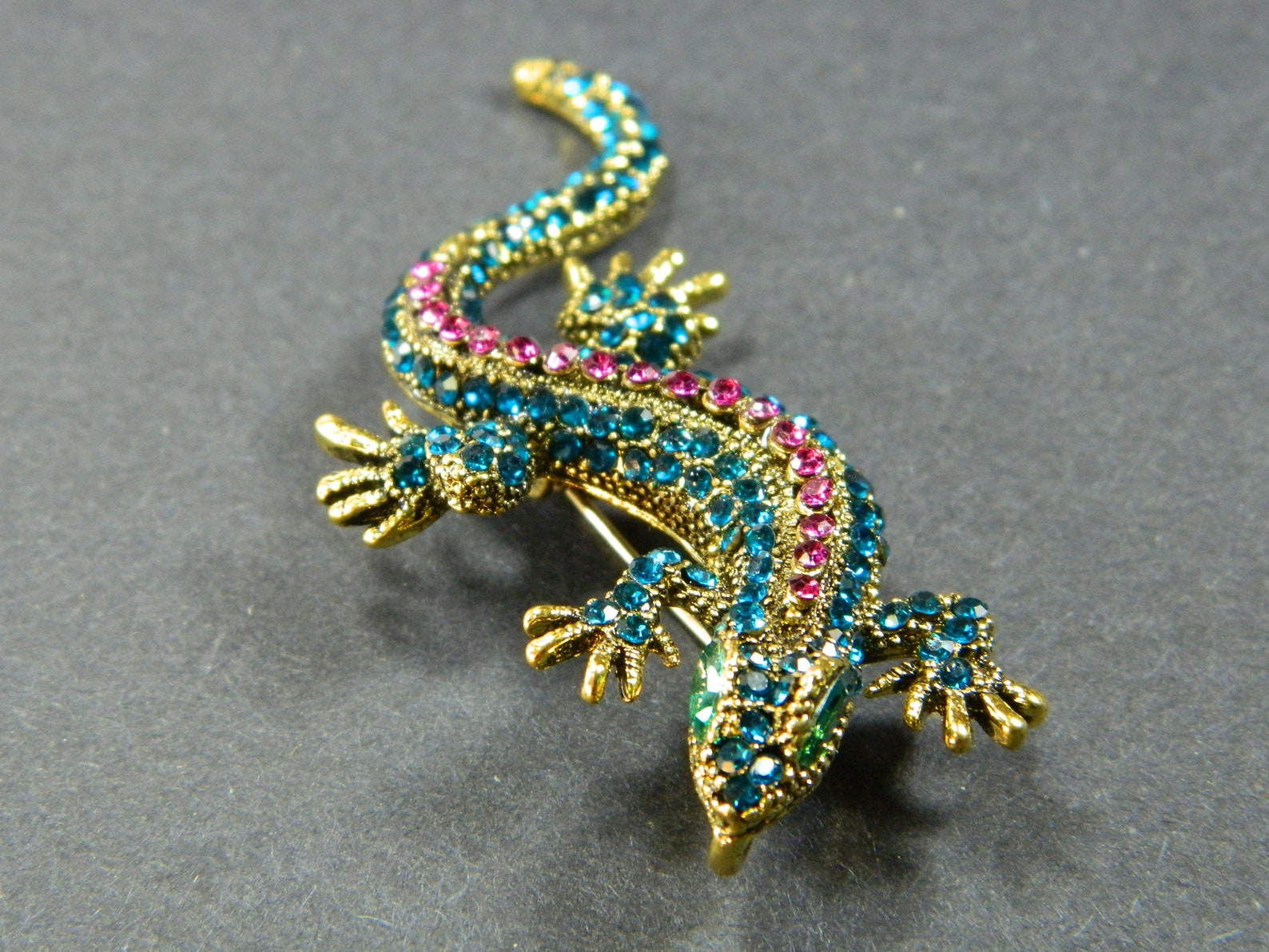 Gold Pewter Lizard With Green Eyes & Blue and Pink Rhinestones - Etsy