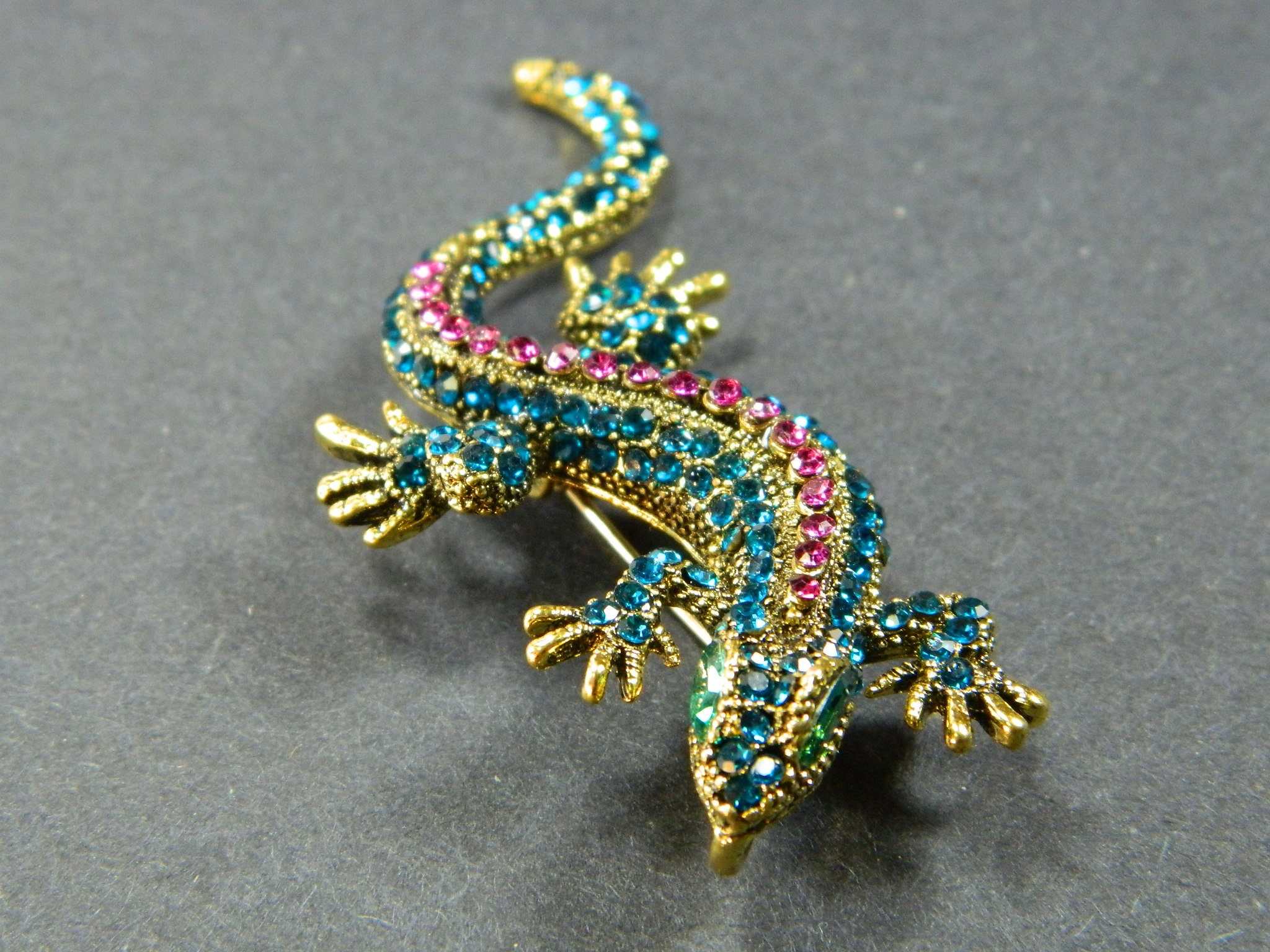 Gold Pewter Lizard With Green Eyes & Blue and Pink Rhinestones - Etsy