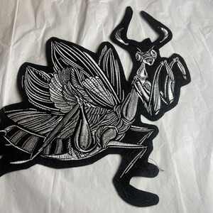 Big Silver & Black Praying Mantis in Flight Iron-on Embroidered Patch- Large Praying Mantis ...