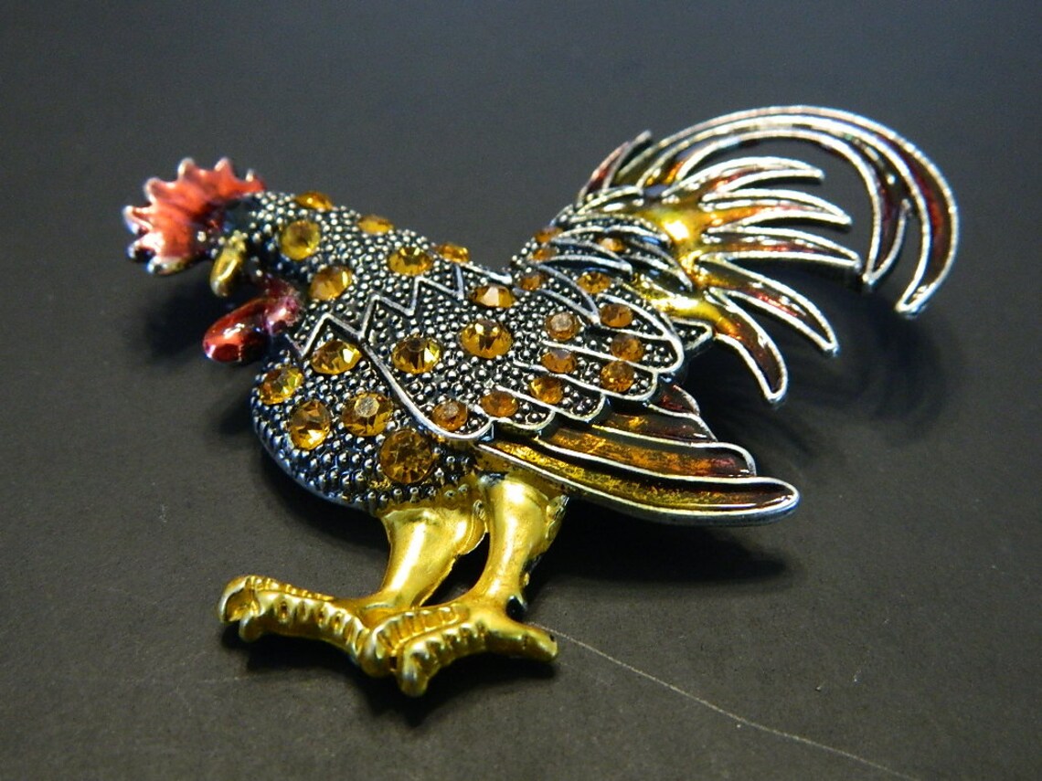 Big Rooster Red Comb Brooch Pin Silver Dotted Brushed Enamel - Etsy