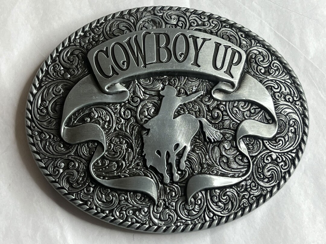 Cowboy up Pewter Belt Buckle - Specialty Cowboy Stylized Rodeo Belt ...