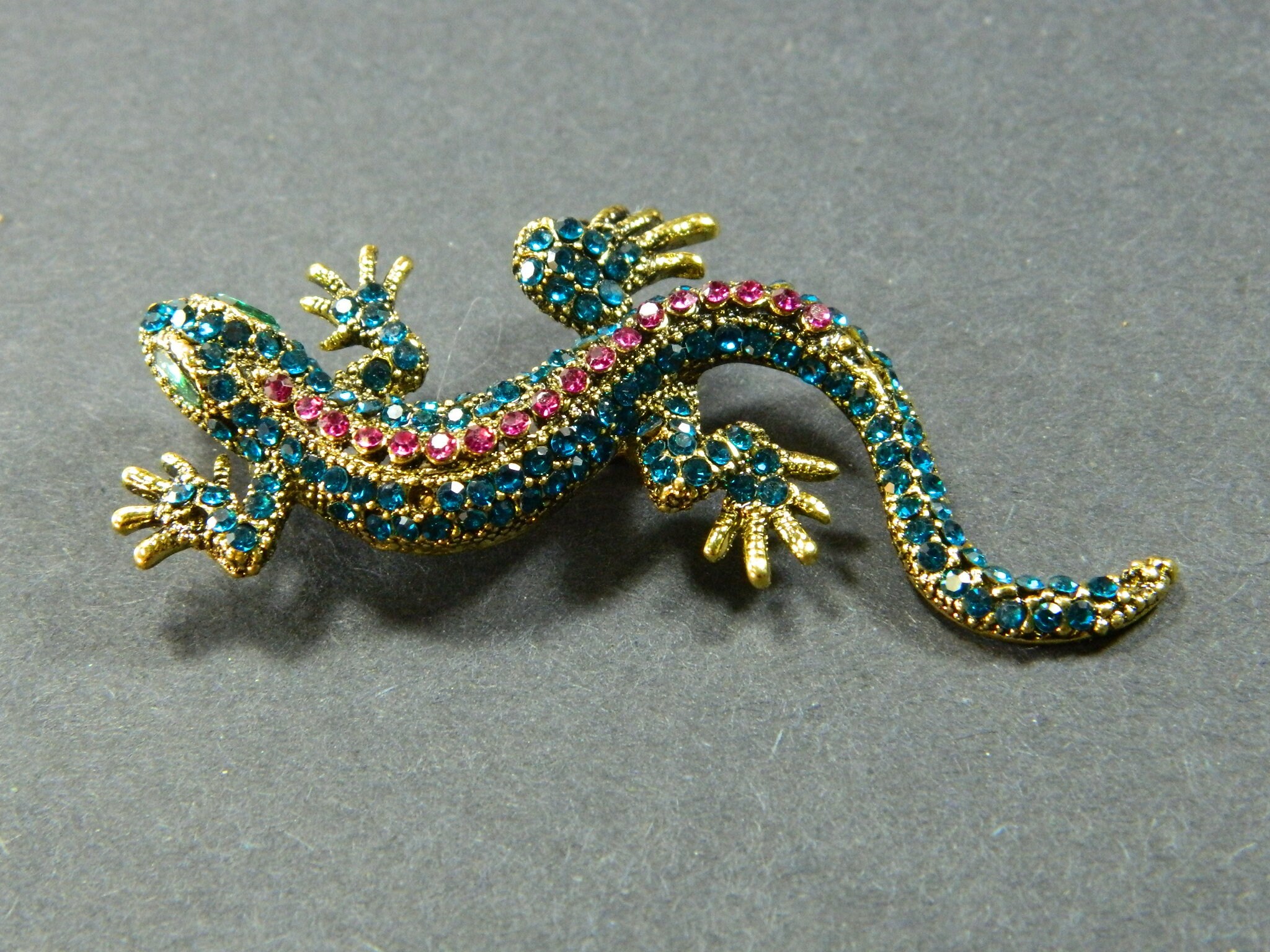 Gold Pewter Lizard With Green Eyes & Blue and Pink Rhinestones - Etsy