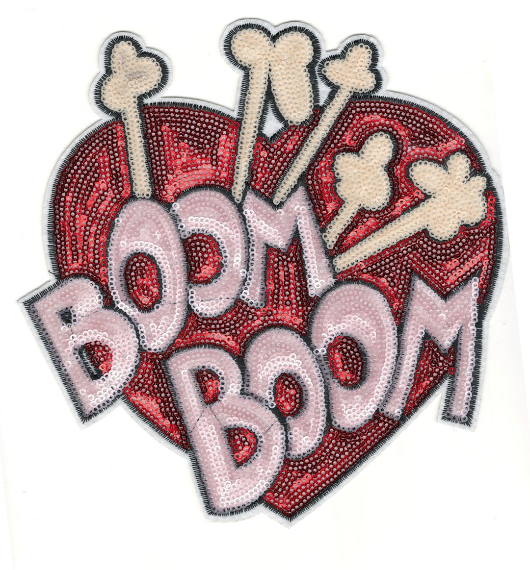 Big Sequin Heart & Boom Boom Words in Red and Pink Embroidery Patch ...