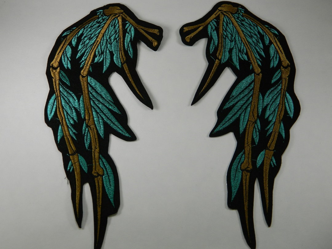 Set Green Feather and Bone Angel Wings Embroidery Patch Spiritual Fantasy Scifi Embroidery Wings ...