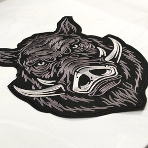 BIG Gray Boar With Tusks Statement Iron on Embroidered Patch - Large Cool Boar Embroidery Patch ...