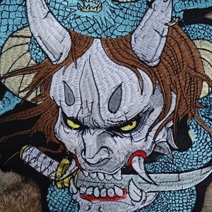 Big White Oni Demon & Blue Dragon Iron-on Embroidered Patch Asian ...