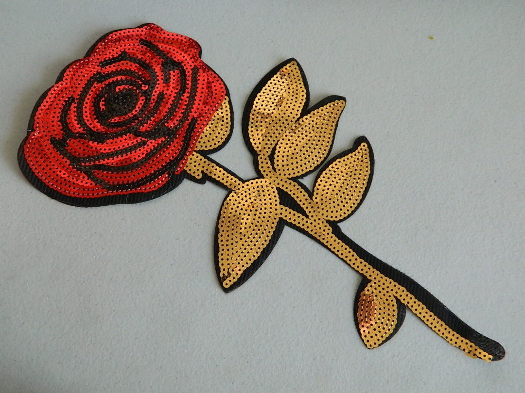 Huge Red & Gold Shiny Sequin Rose Embroidery Patch - Romantic Floral ...