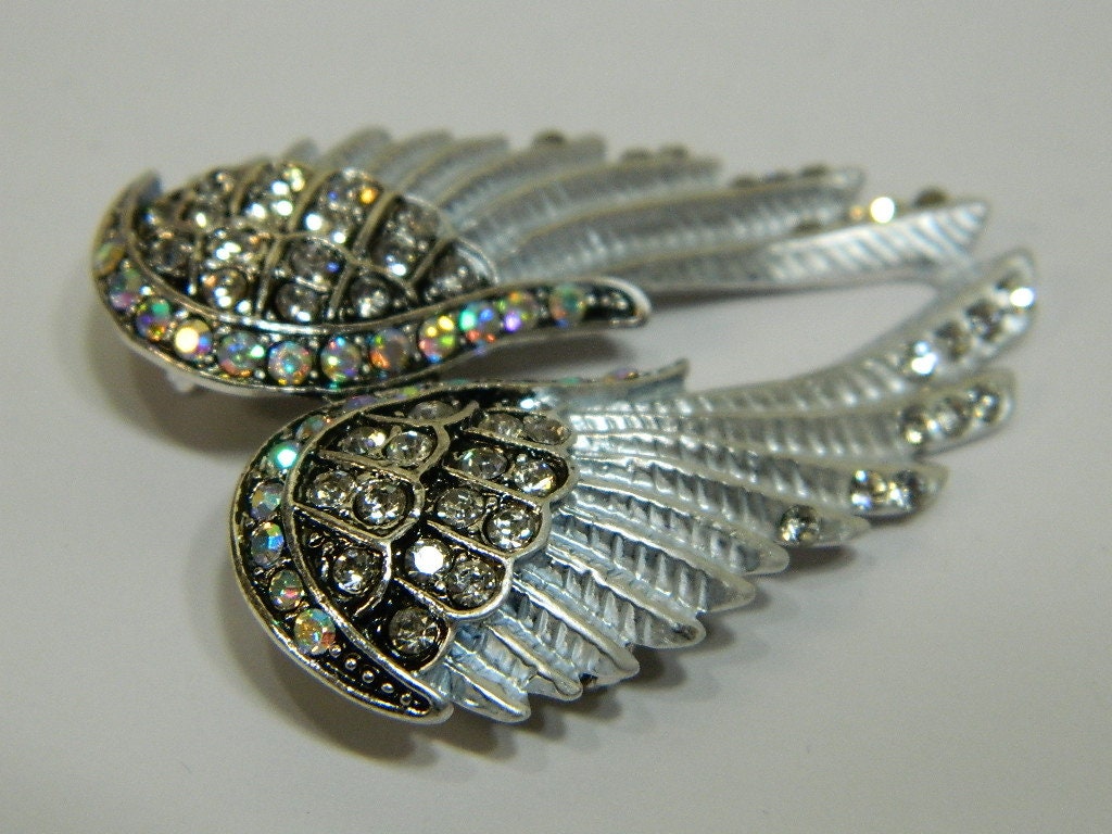 White & Gray Angel Wings Brooch Pin Silver Brushed Pewter | Etsy