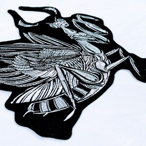Big Silver & Black Praying Mantis in Flight Iron-on Embroidered Patch- Large Praying Mantis ...