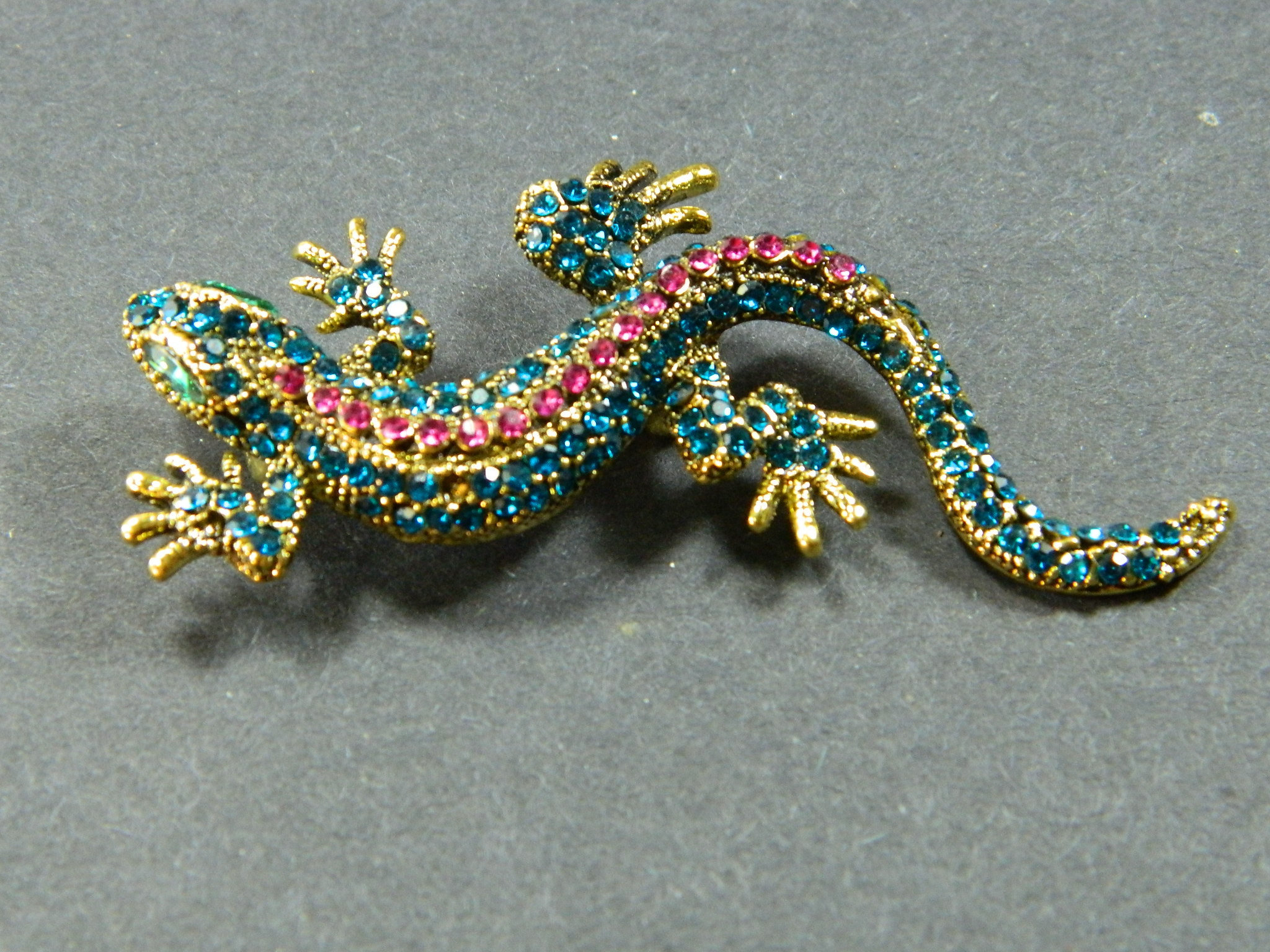Gold Pewter Lizard With Green Eyes & Blue And Pink Rhinestones | Etsy