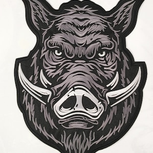 BIG Gray Boar With Tusks Statement Iron on Embroidered Patch - Large ...