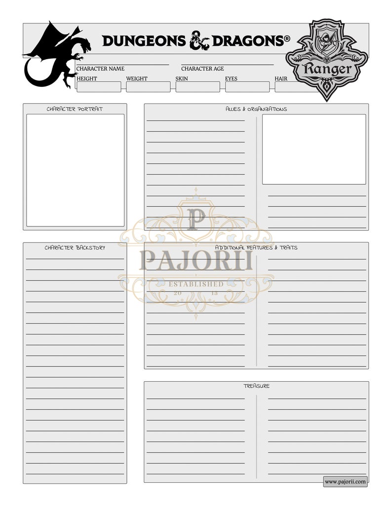 Dungeons & Dragons 5E Ranger Character Sheet 2 Sided Digital - Etsy