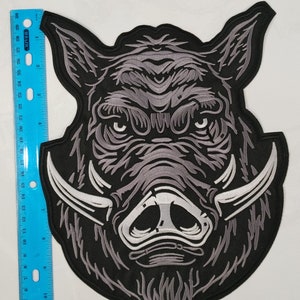 BIG Gray Boar With Tusks Statement Iron on Embroidered Patch - Large Cool Boar Embroidery Patch ...