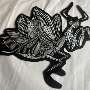 Big Silver & Black Praying Mantis in Flight Iron-on Embroidered Patch- Large Praying Mantis ...