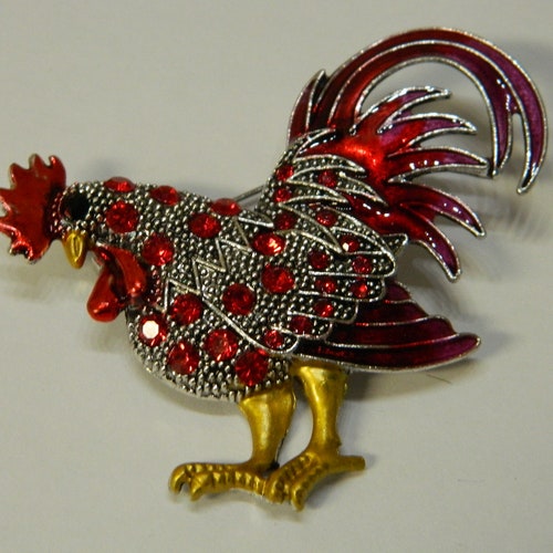 Big Rooster Yellow Comb Brooch Pin Silver Dotted Brushed - Etsy