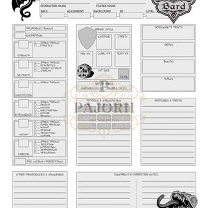 Dungeons & Dragons 5E Bard Character Sheet 2 Sided Digital - Etsy Australia