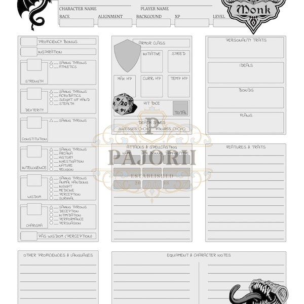 Dnd Monk Character Sheet - Etsy