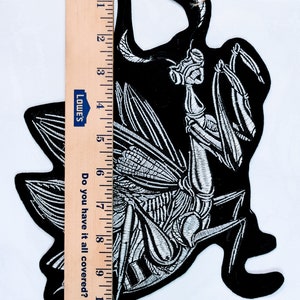Big Silver & Black Praying Mantis in Flight Iron-on Embroidered Patch- Large Praying Mantis ...