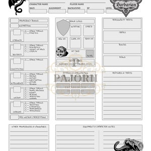 Dungeons & Dragons 5E Barbarian Character Sheet 2 Sided Digital ...