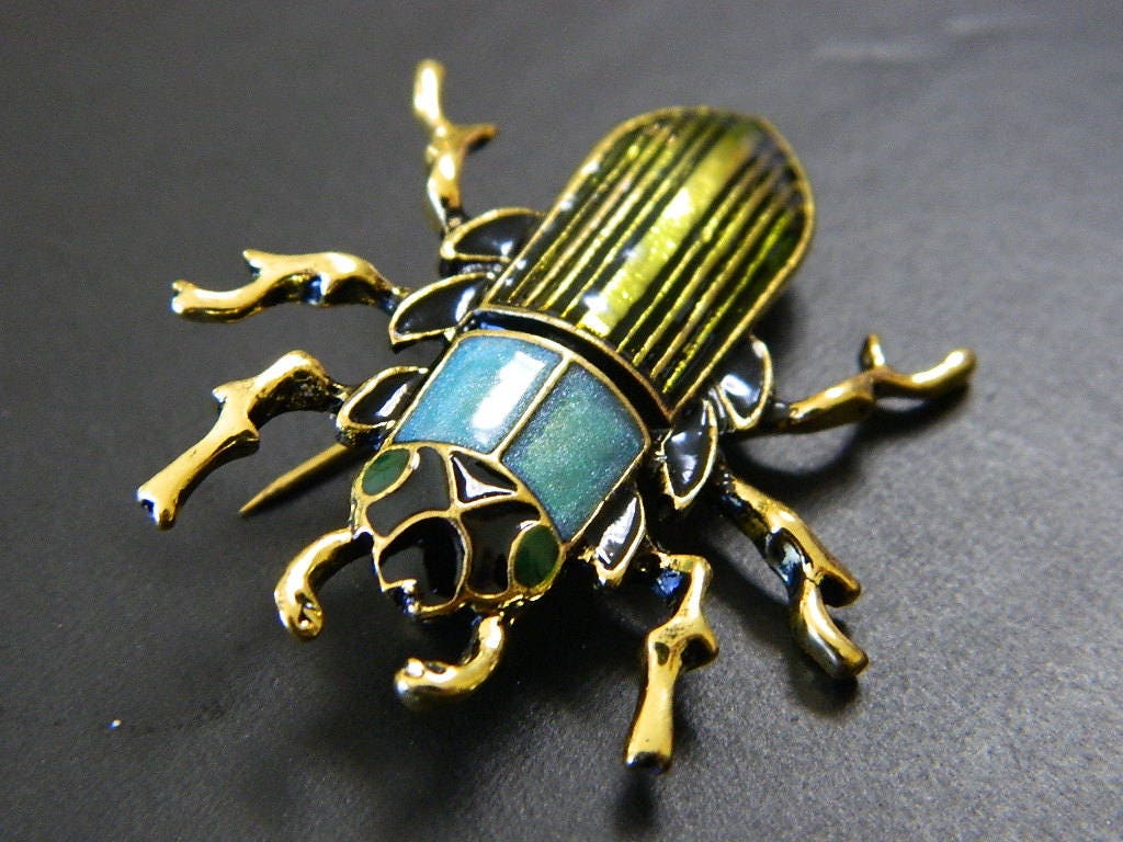 Pewter Gold & Blue Enamel Coated Scarab Beetle Brooch Pin - Etsy