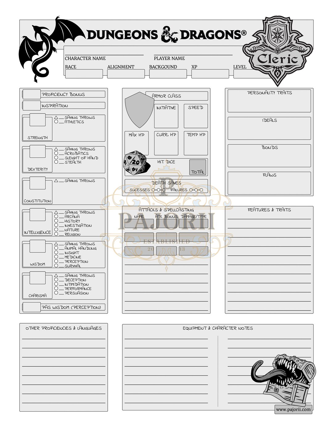 Dungeons & Dragons 5E Cleric Character Sheet 2 Sided Digital Download ...