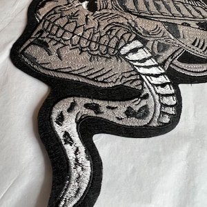 Big Silver & Black Skull With Viper Snake Iron-on Embroidered Patch ...