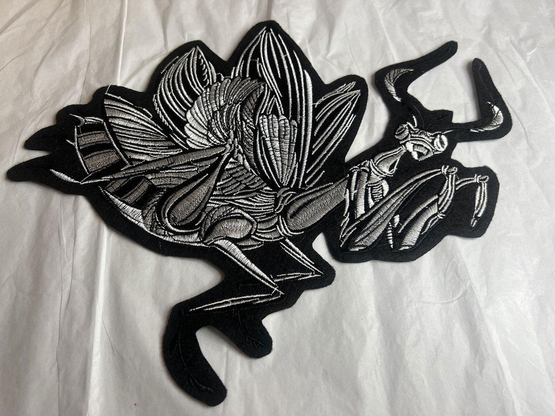 Big Silver & Black Praying Mantis in Flight Iron-on Embroidered Patch- Large Praying Mantis ...