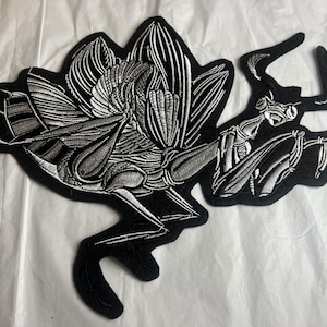 Big Silver & Black Praying Mantis in Flight Iron-on Embroidered Patch- Large Praying Mantis ...