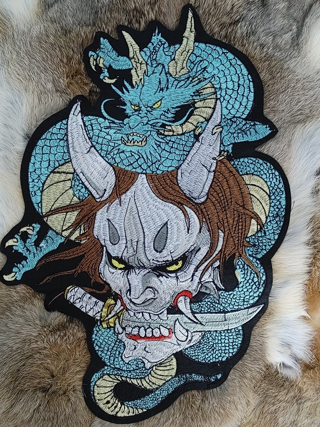 Big White Oni Demon & Blue Dragon Iron-on Embroidered Patch - Asian Mythological Oni Demon ...