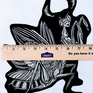 Big Silver & Black Praying Mantis in Flight Iron-on Embroidered Patch- Large Praying Mantis ...