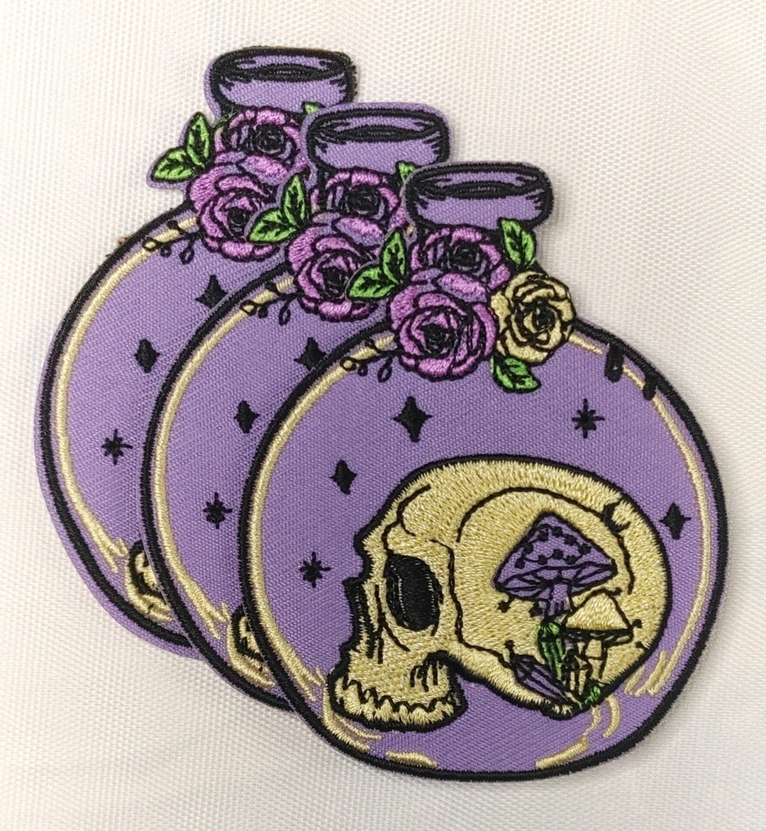 Skull in Purple Tinted Potion Embroidery Patch - Potion Bottle Clothing ...