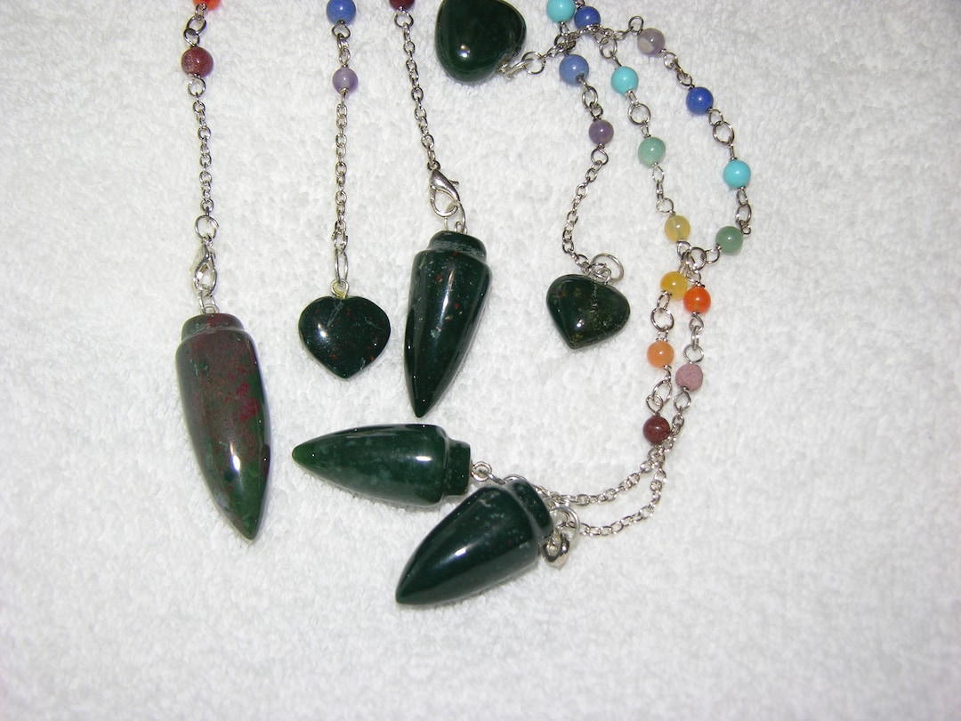 Bloodstone Heliotrope Crystal Pendulum With Chakra Stones and Holding ...