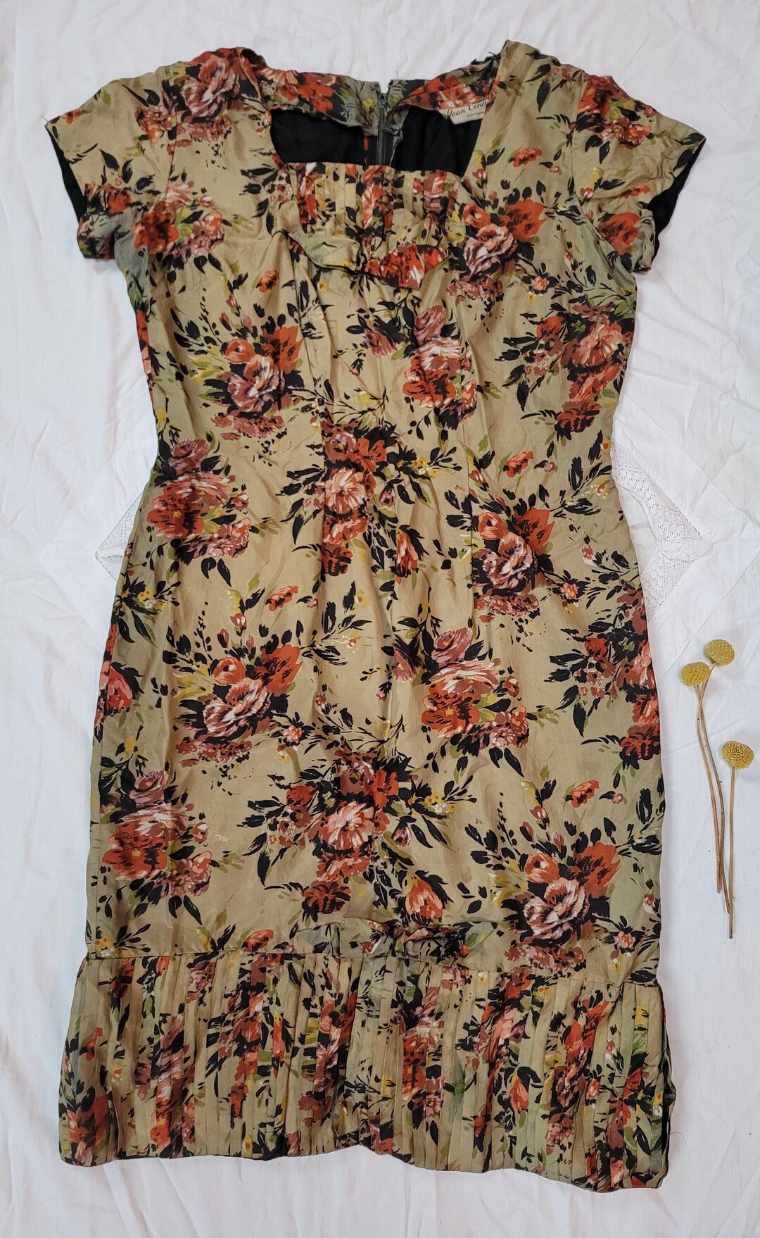 Vintage 50s Jean Conn Sage Green Silk Short Rose Print Shift Dress W ...