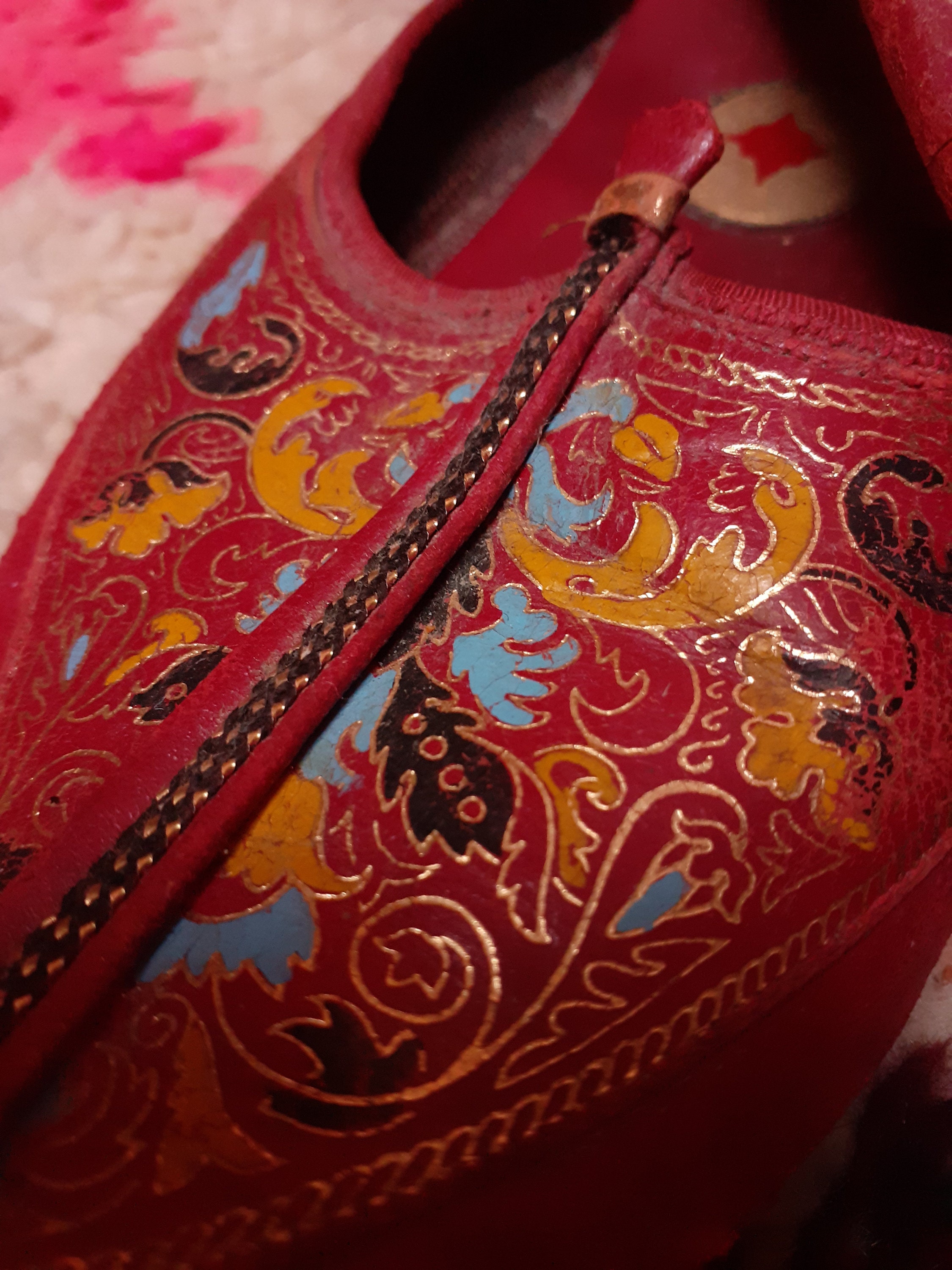 Rare Antique Hand Painted Persian Leather Ottoman Deep Red Gilt Aladdin ...