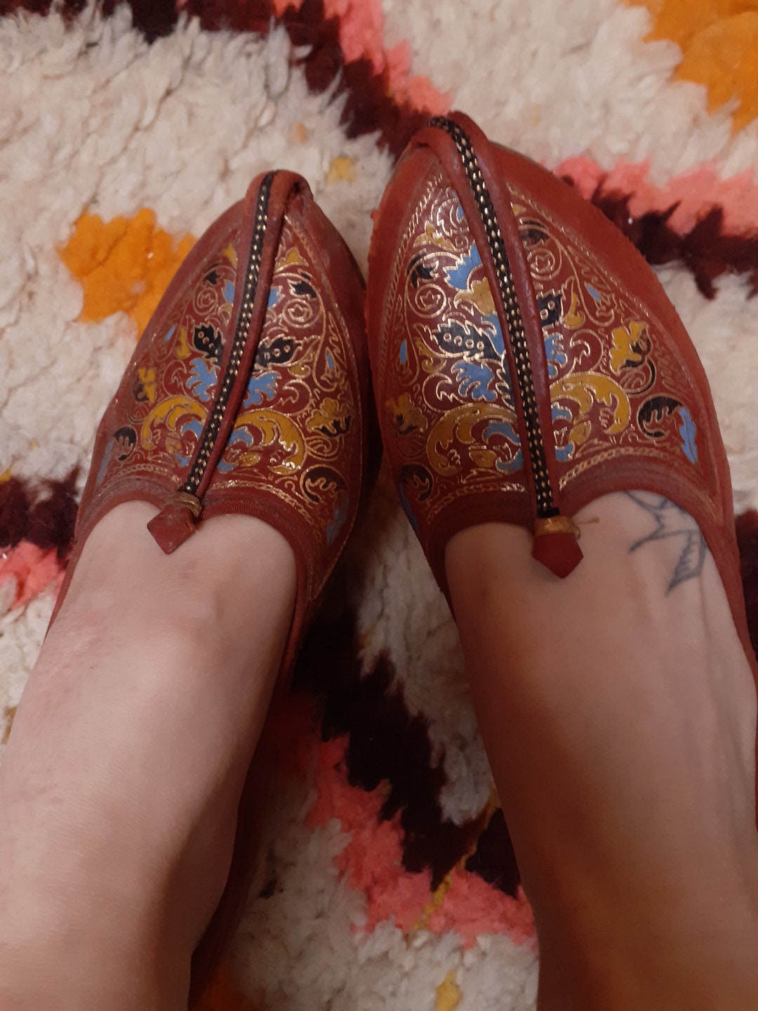 Rare Antique Hand Painted Persian Leather Ottoman Deep Red Gilt Aladdin ...