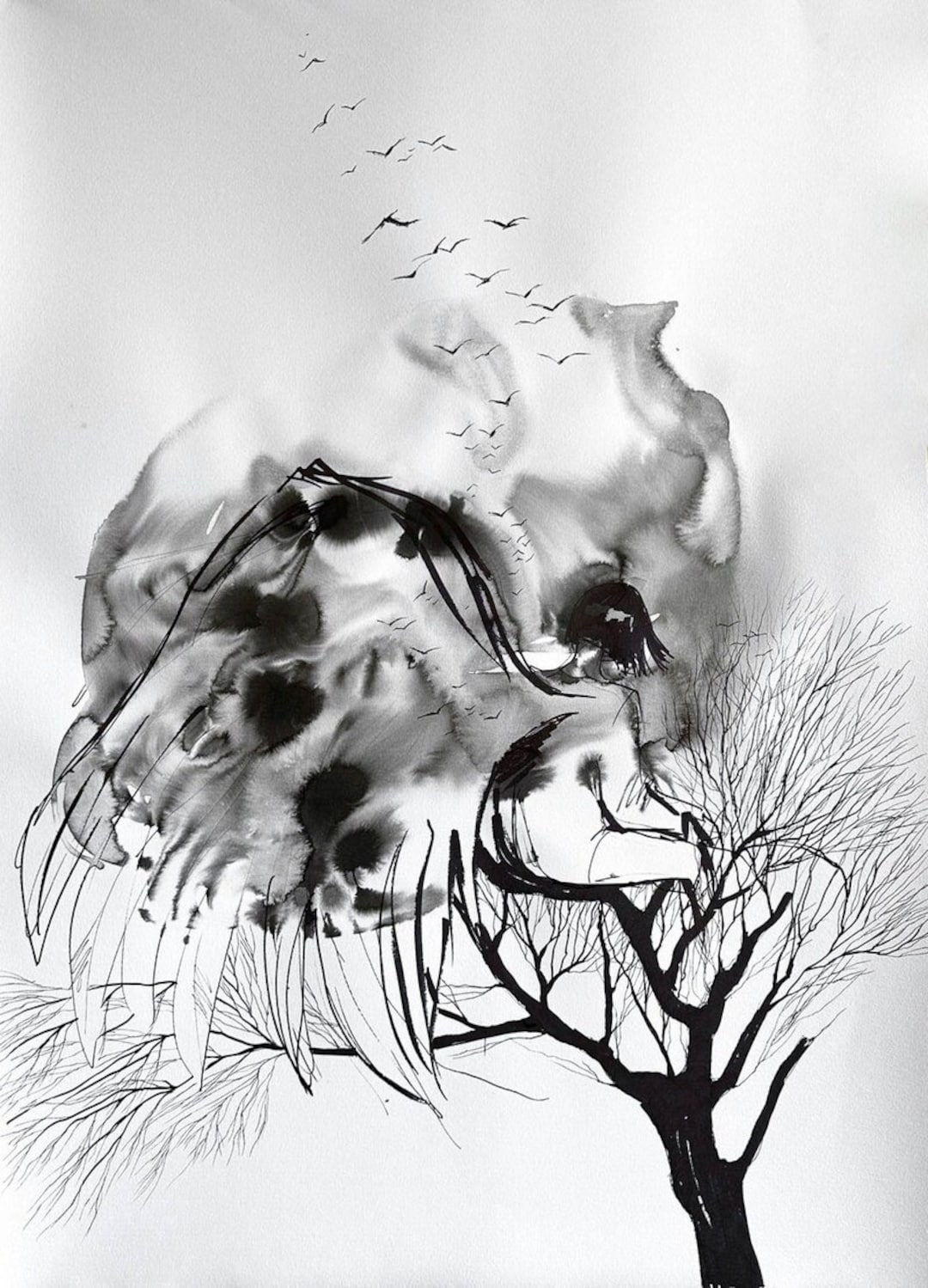 ANGEL ON THE TREE Black Ink Painting by Artist Adriana Laube - Etsy