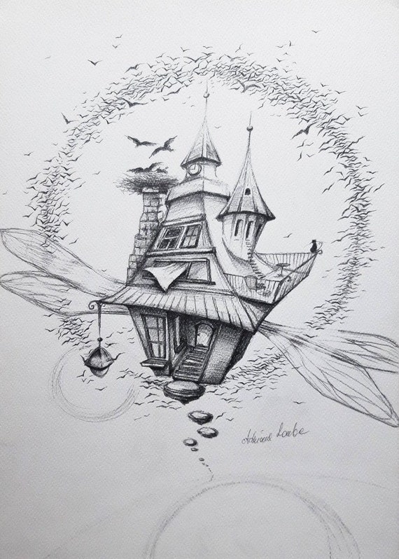 Up Flying House Drawing