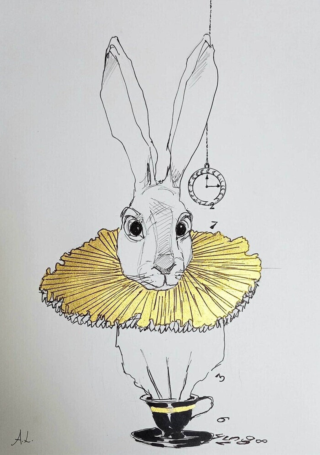 WHITE RABBIT 2 - Drawing With a Pen With the Addition of Gold Ink - Etsy