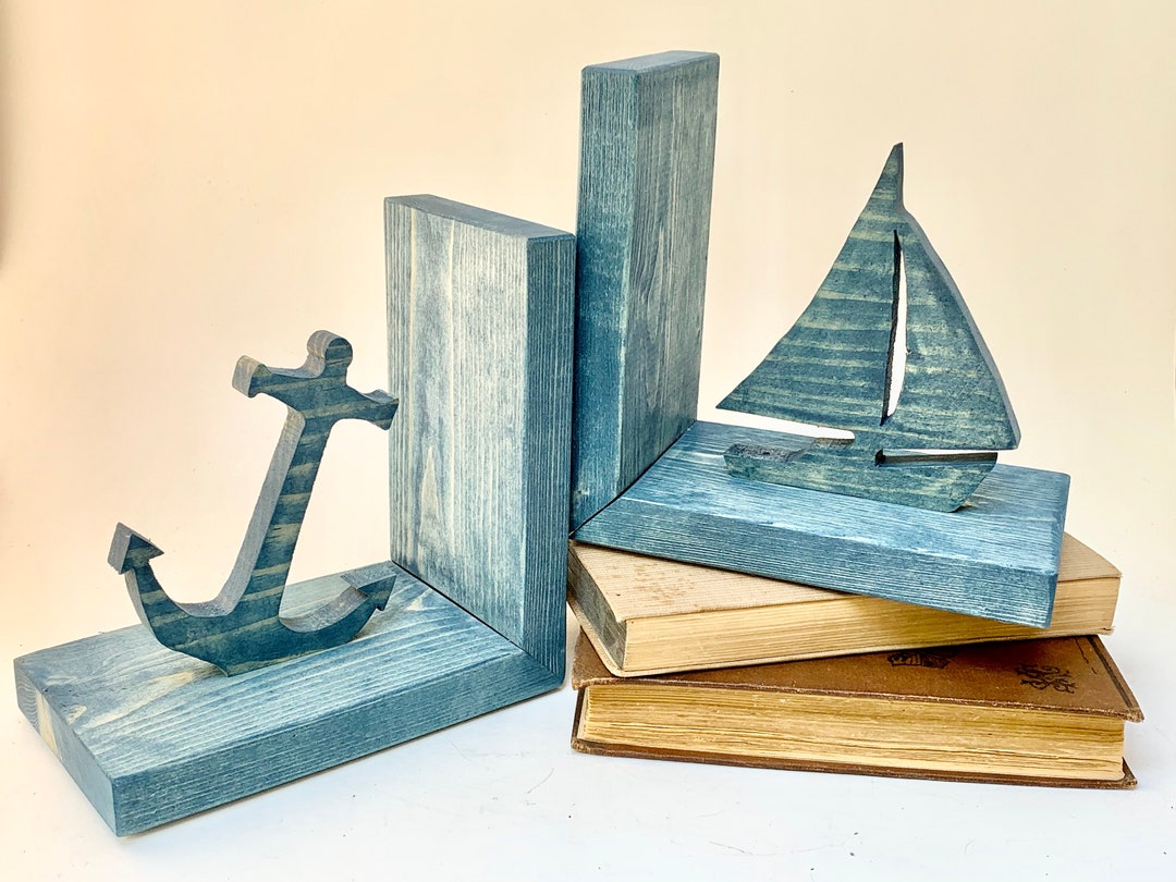 Navy Blue Wooden Boat Bookends Nautical Bookends Boat and Anchor ...