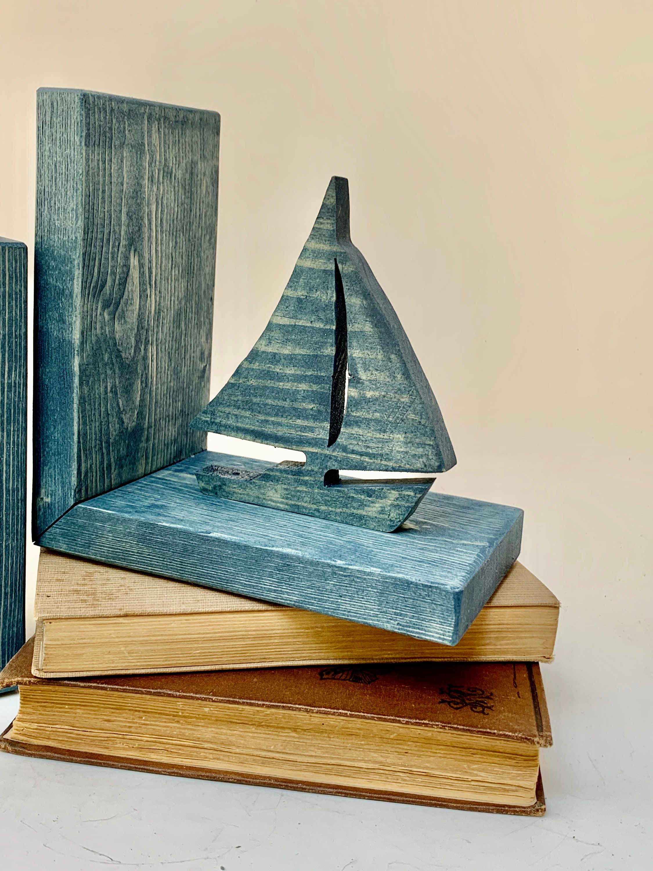 Navy Blue Wooden Boat Bookends Nautical Bookends Boat and | Etsy