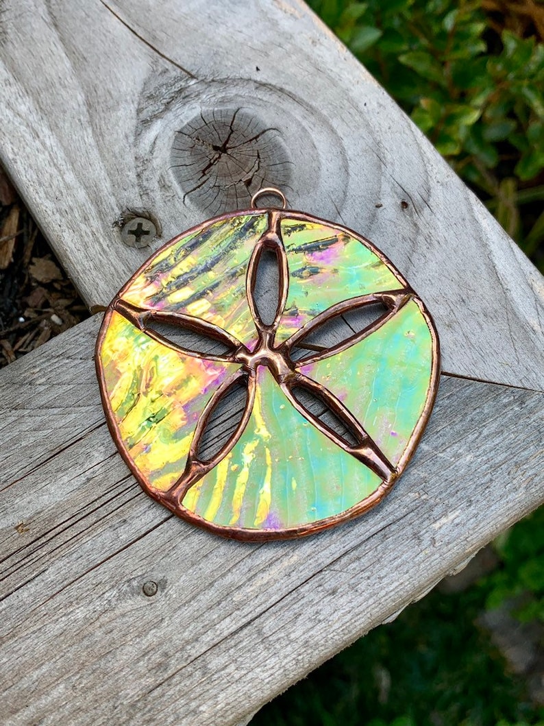 Iridescent Sand Dollar Stained Glass Suncatcher: Handmade Sealife Decor ...