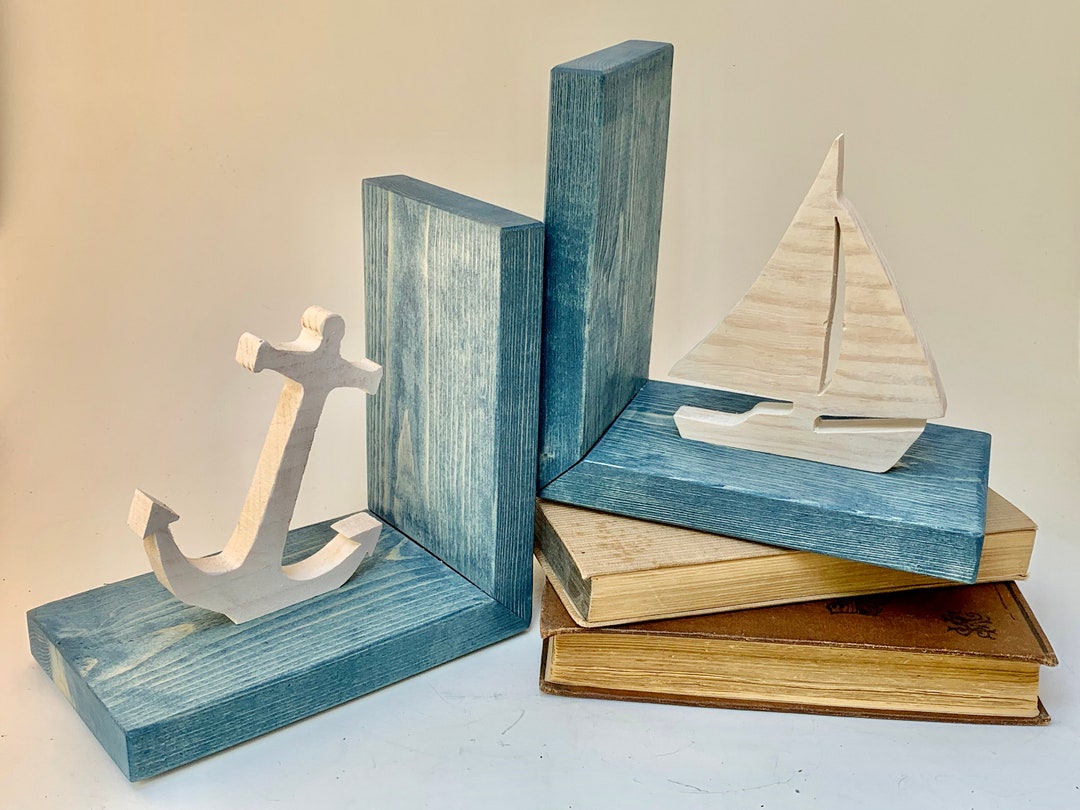 Boat Bookends White on Navy Wood | Nautical Bookends | Boat and Anchor ...
