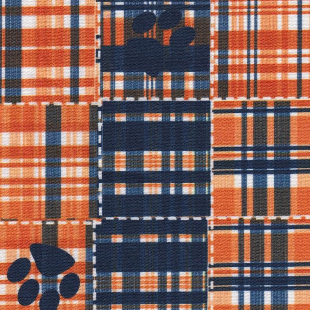 Orange and Navy Plaid Tiger Paw Print Fabric by Fabric Finders - Etsy UK