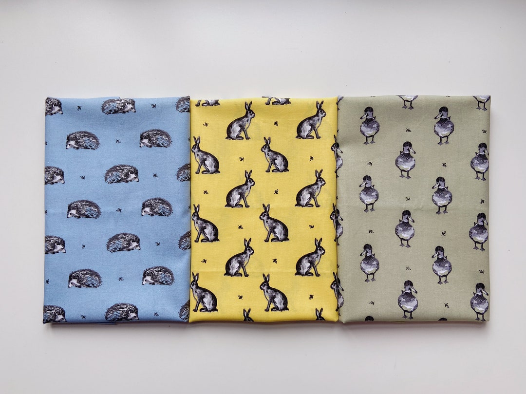 Rabbit/ducks/hedgehogs Print Fabric, Vintage Style on Powder Blue ...