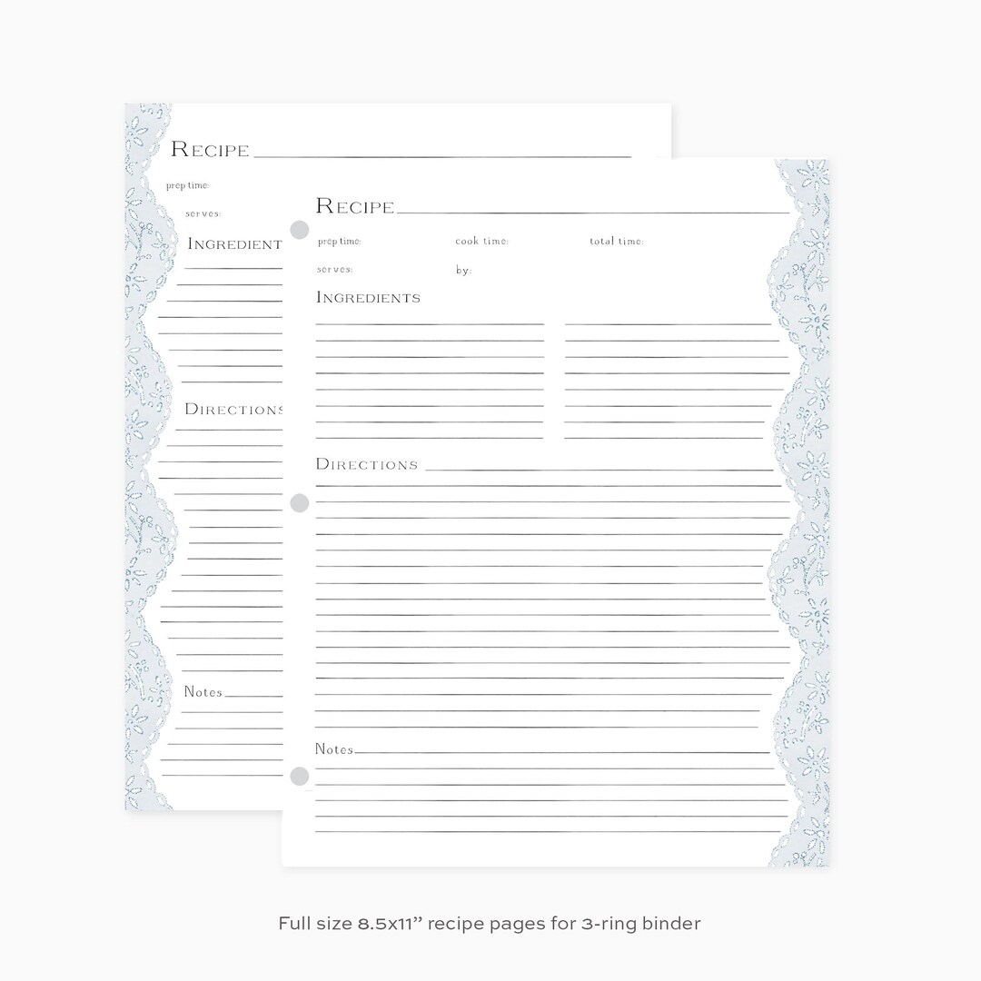 Recipe Binder Filler Pages: Eyelet Waves, Elegant Cottage Core Lace ...