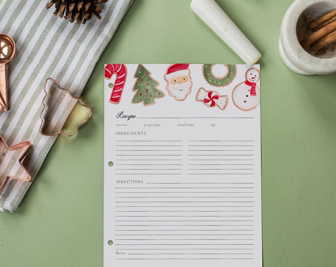 Recipe Binder Filler Paper - Christmas Cookies, Watercolor ...