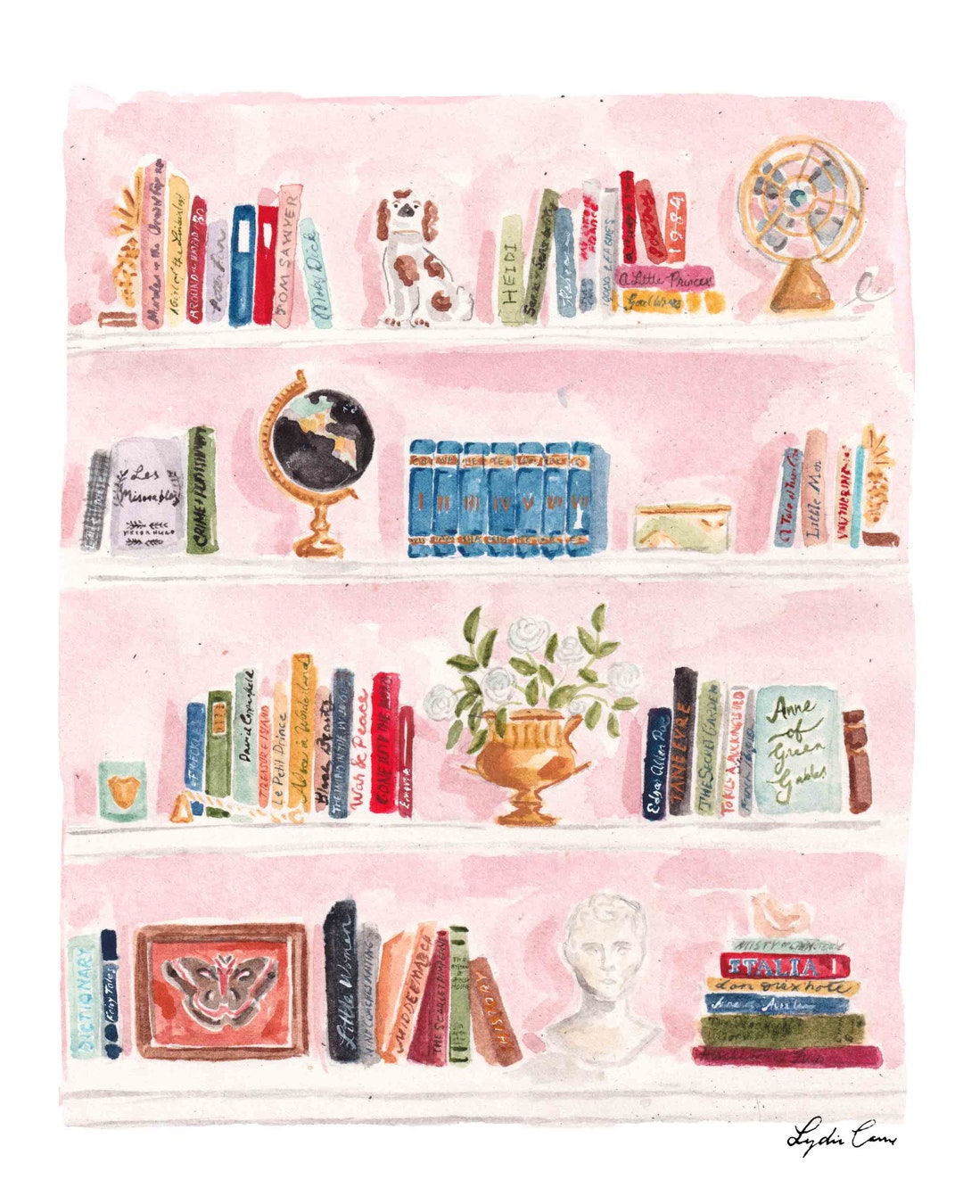 Art Print - Classic Books Library Shelves, Pink Books Watercolor ...