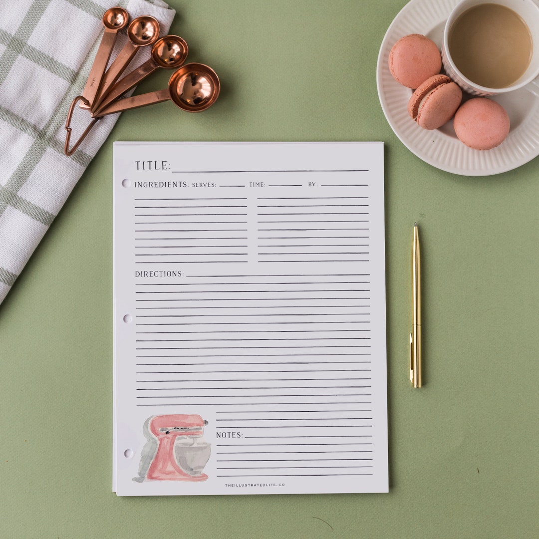 Recipe Binder Filler Paper - Pink Mixer, Watercolor Illustrations, Full ...